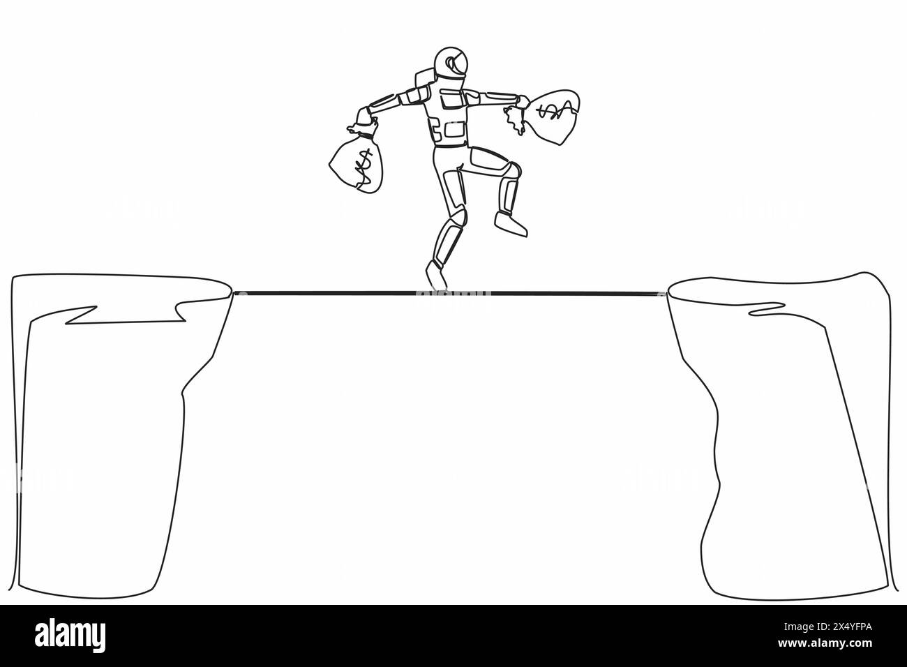 Single continuous line drawing astronaut walk over cliff gap mountain ...
