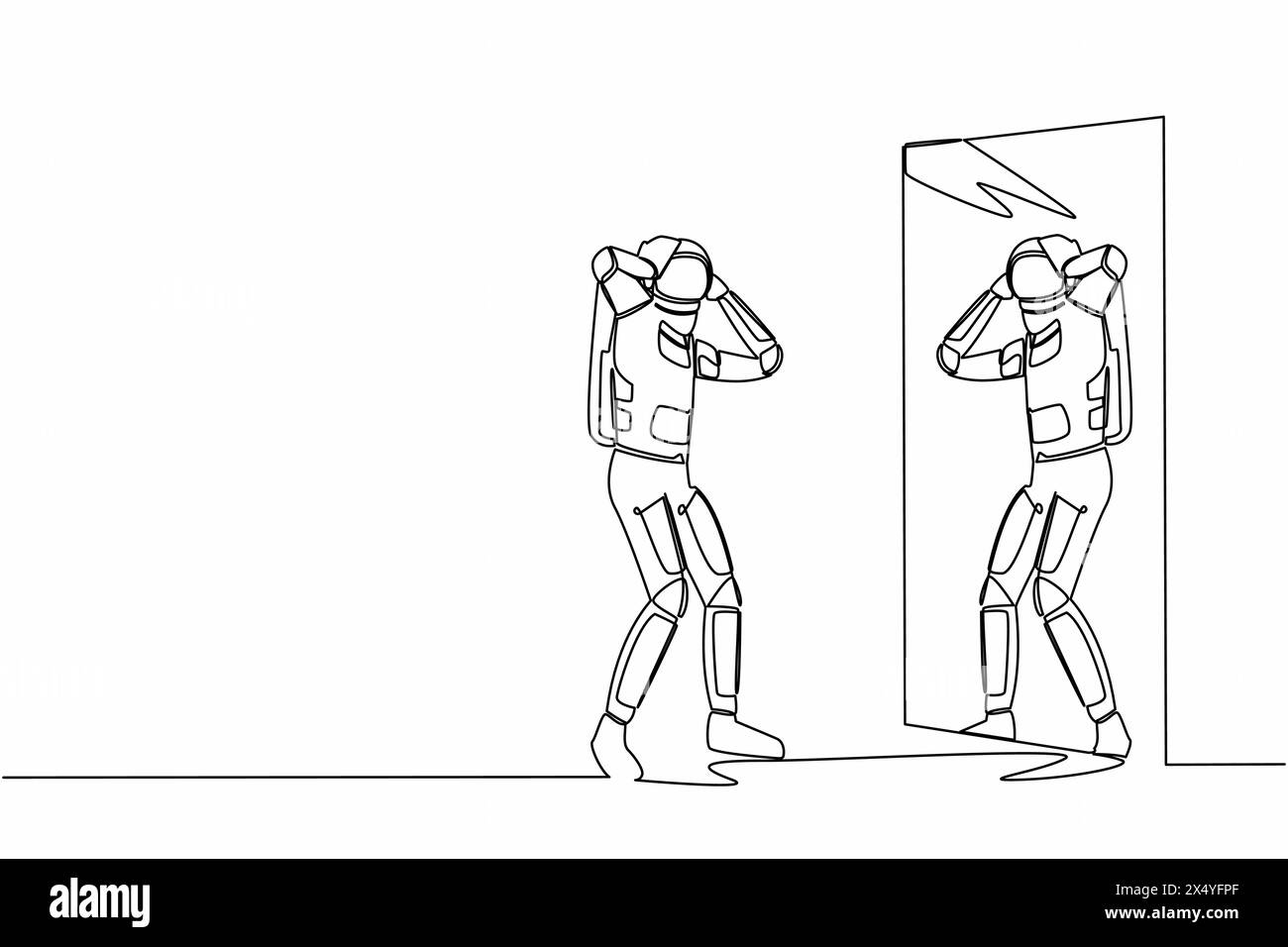 Single one line drawing frustrated astronaut see himself failure in ...