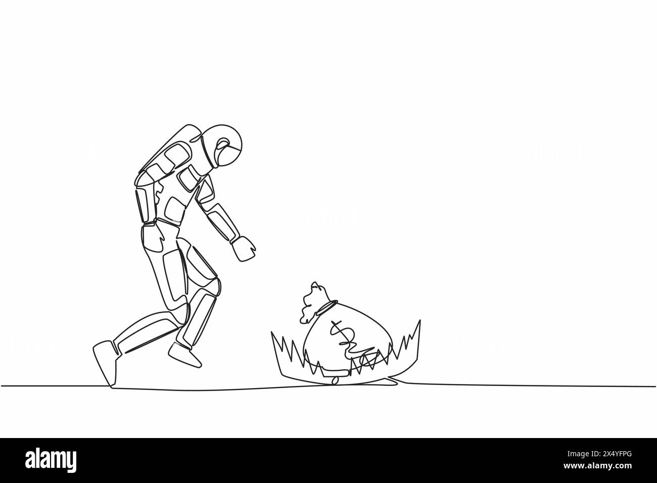 Single continuous line drawing astronaut running to catch money bag ...