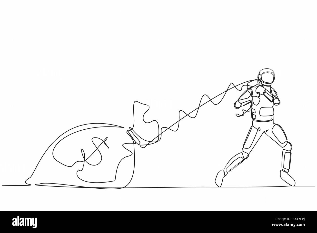 Single continuous line drawing astronaut pulling heavy money bag in moon surface. Big ...