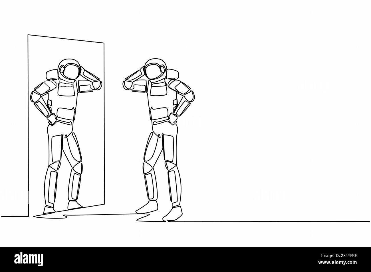 Single one line drawing young astronaut standing with style in front of ...