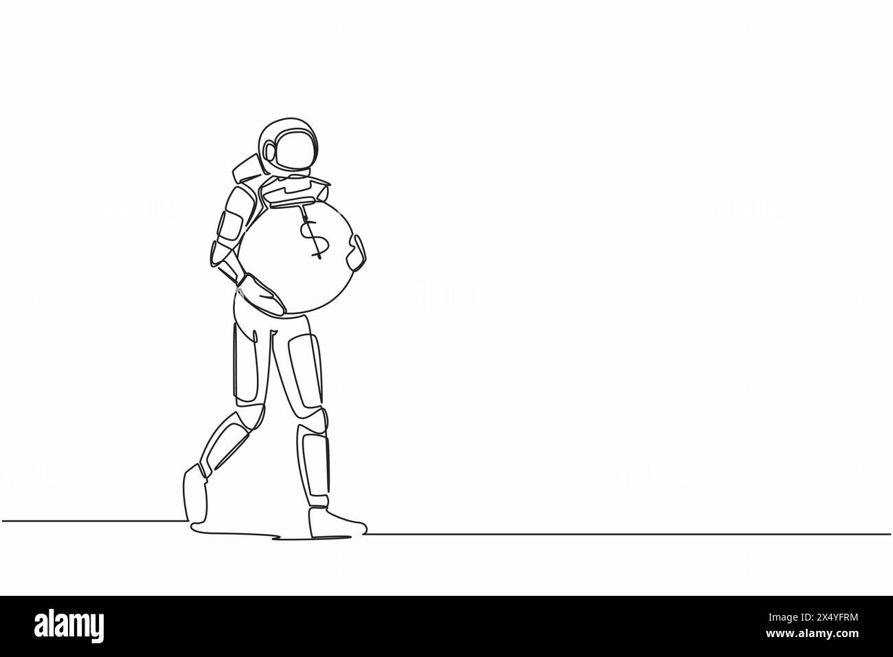 Single one line drawing of astronaut walking and carrying heavy money ...