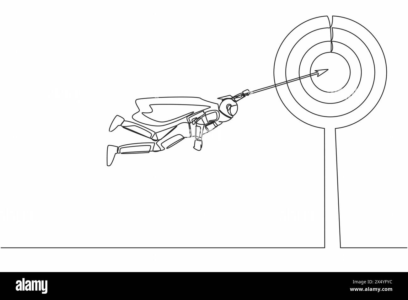 Single one line drawing super astronaut flying with arrow forward to ...