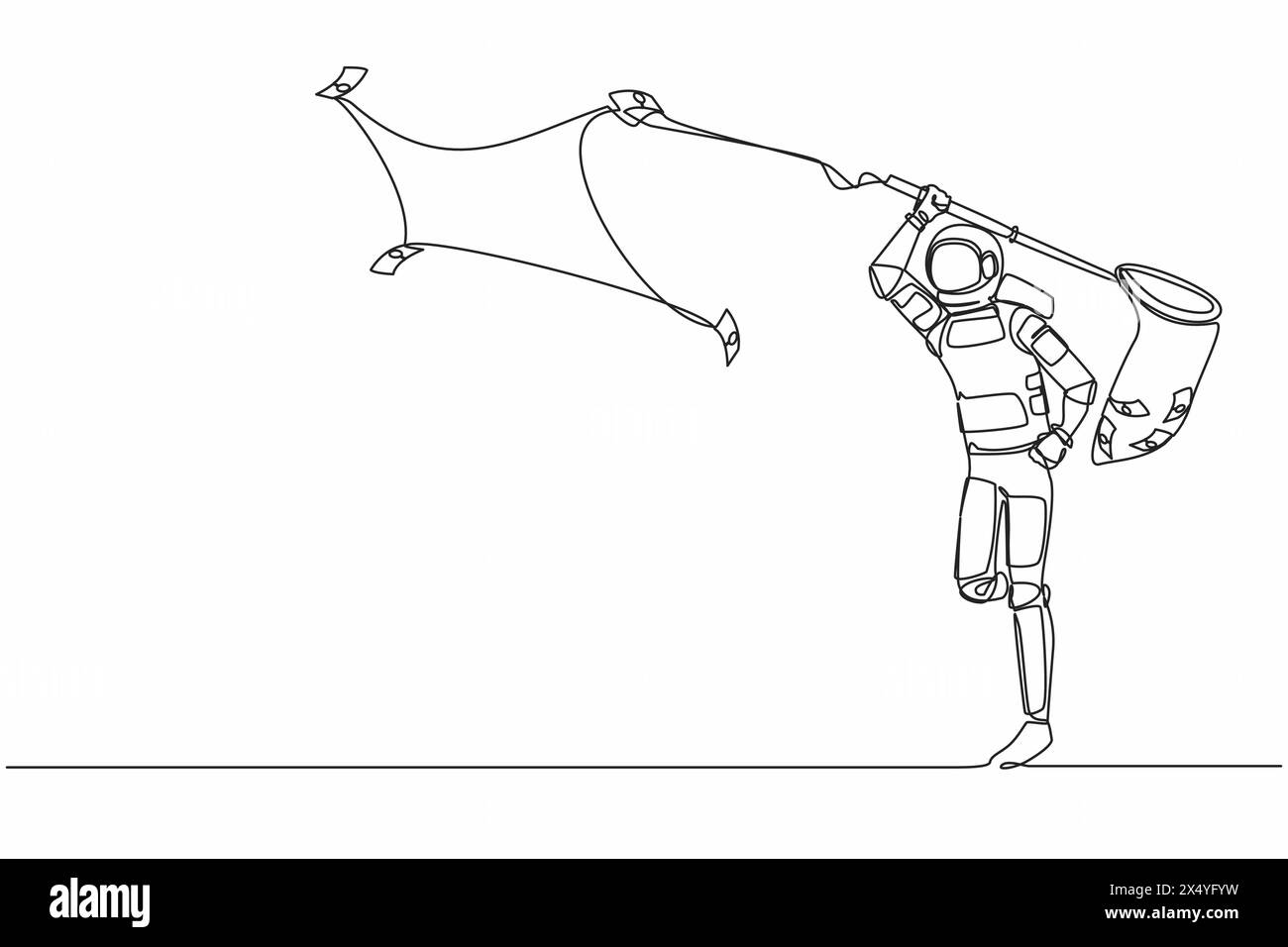 Single one line drawing astronaut trying to catch flying banknote money ...