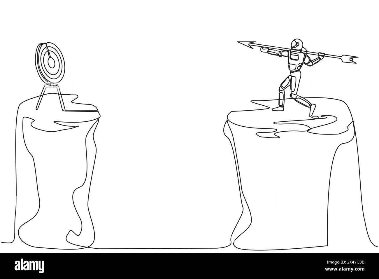 Continuous One Line Drawing Astronaut Standing On Peak Of Cliff Targeting Dartboard With Big