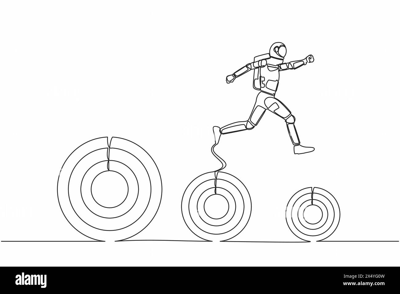 Single one line drawing astronaut jumping up higher target goals ...