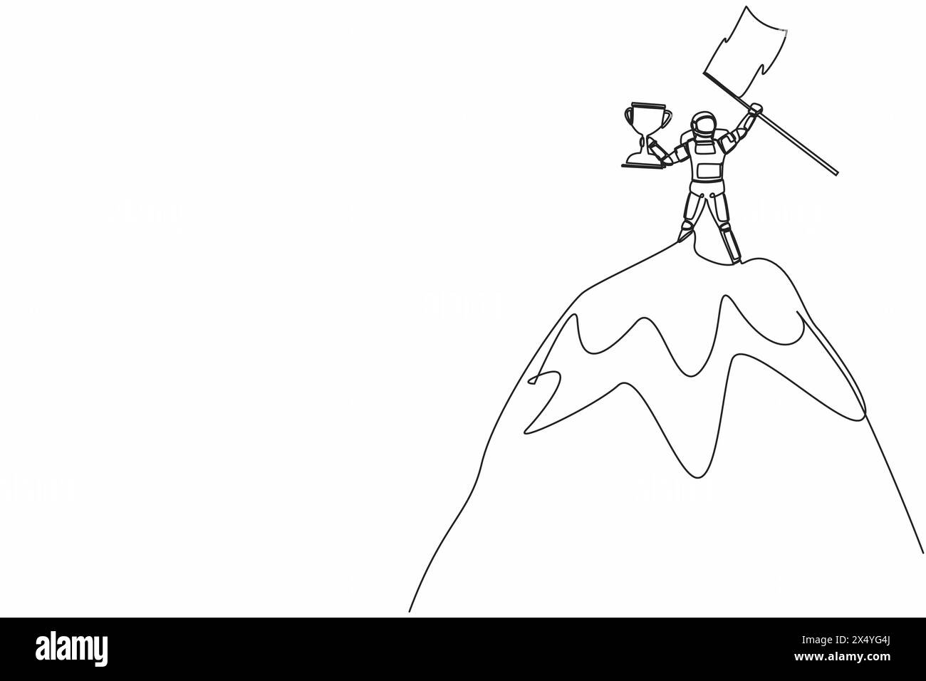 Single one line drawing astronaut lifting up trophy and flag on top of ...