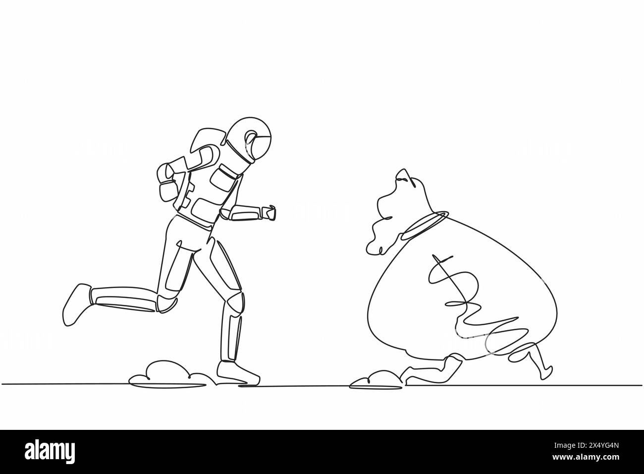 Continuous one line drawing astronaut chasing money bag dollar in moon ...