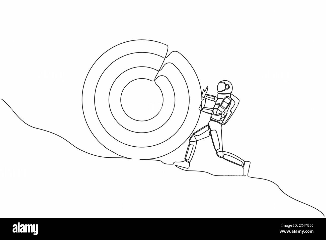 Single continuous line drawing astronaut pushing big target to mountain ...