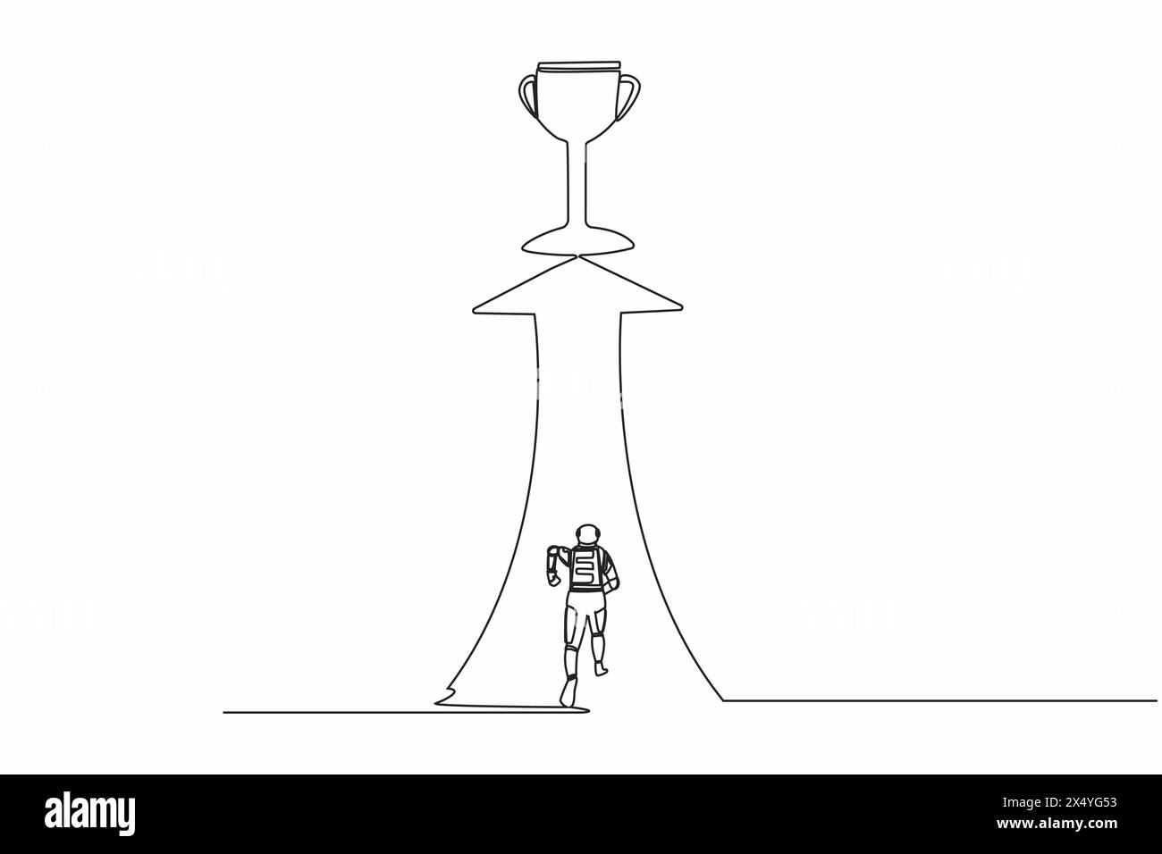 Single One Line Drawing Back View Young Astronaut Running And Reach For Trophy Ability To Win 