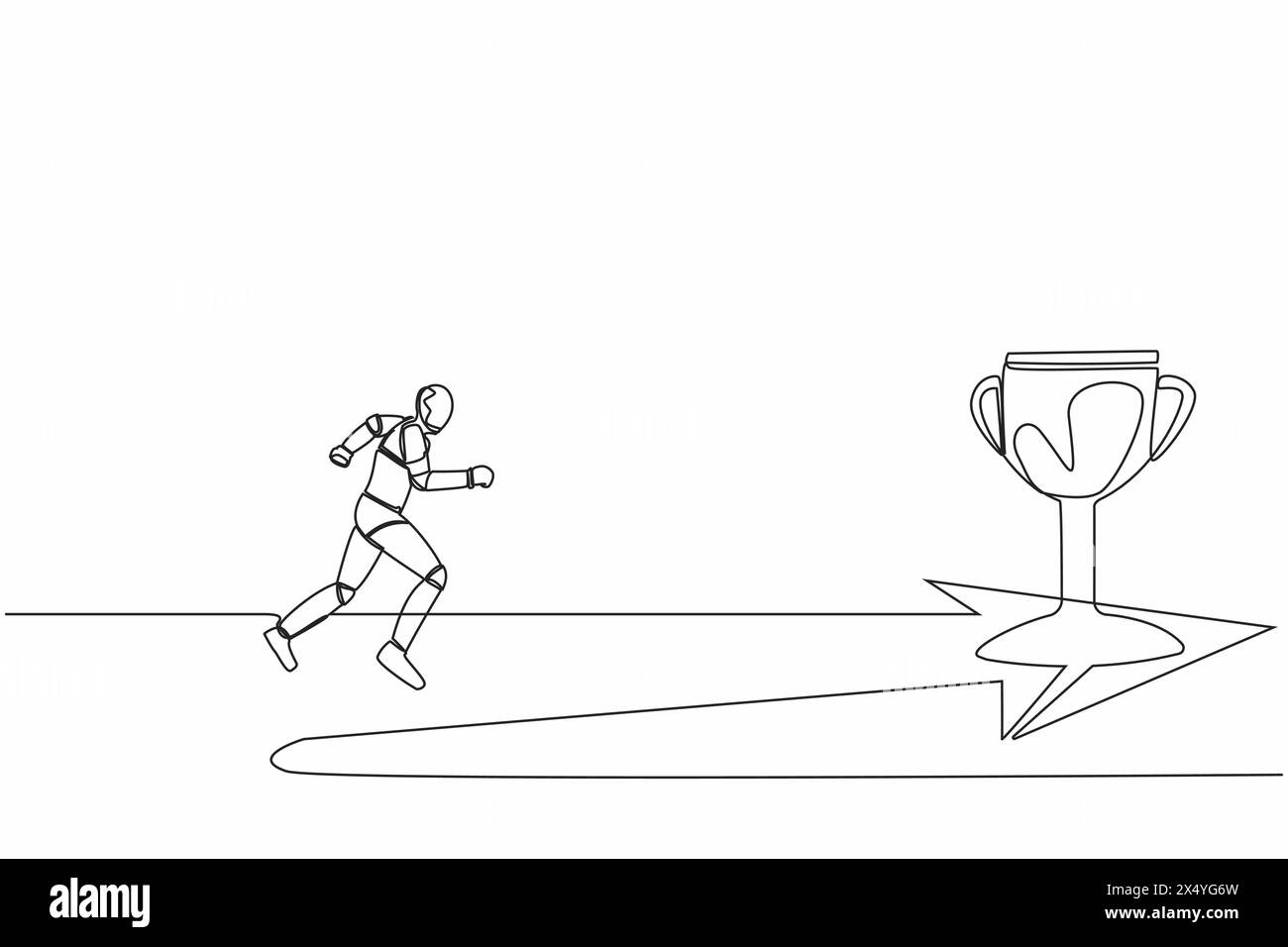 Single continuous line drawing of robot running to golden trophy. Tech ...