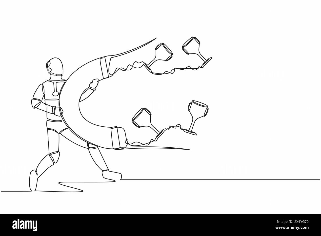 Continuous one line drawing of robot attracting many trophy with huge ...