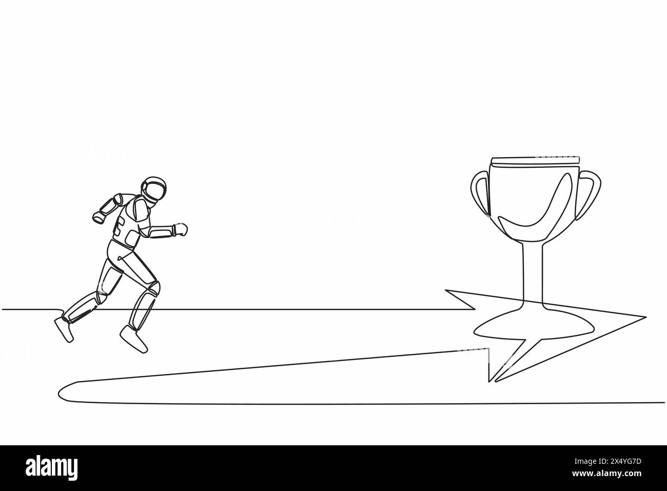 Continuous one line drawing astronaut running to reach golden trophy ...