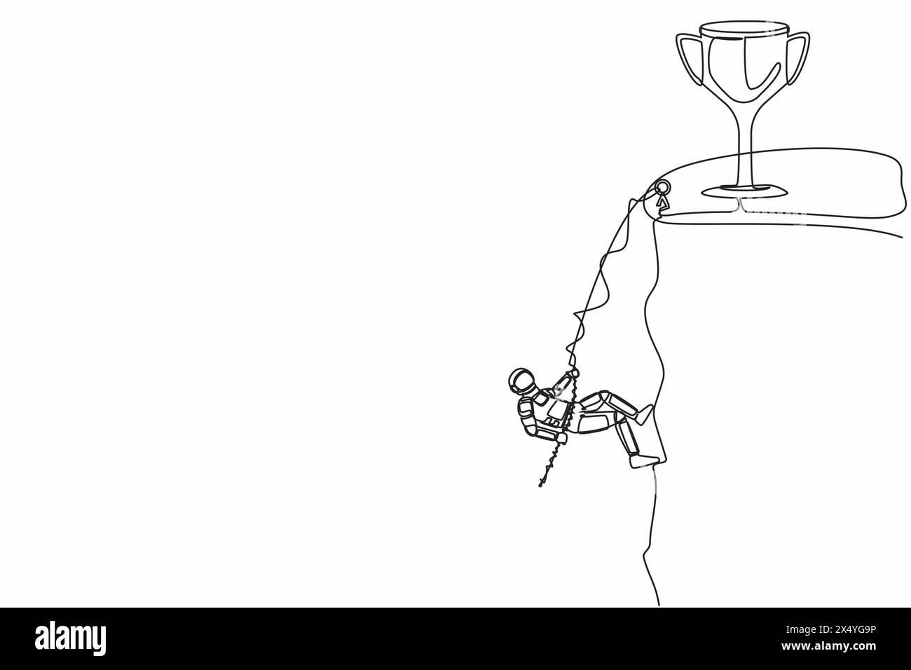 Continuous one line drawing of astronaut climber hanging on rope on top ...
