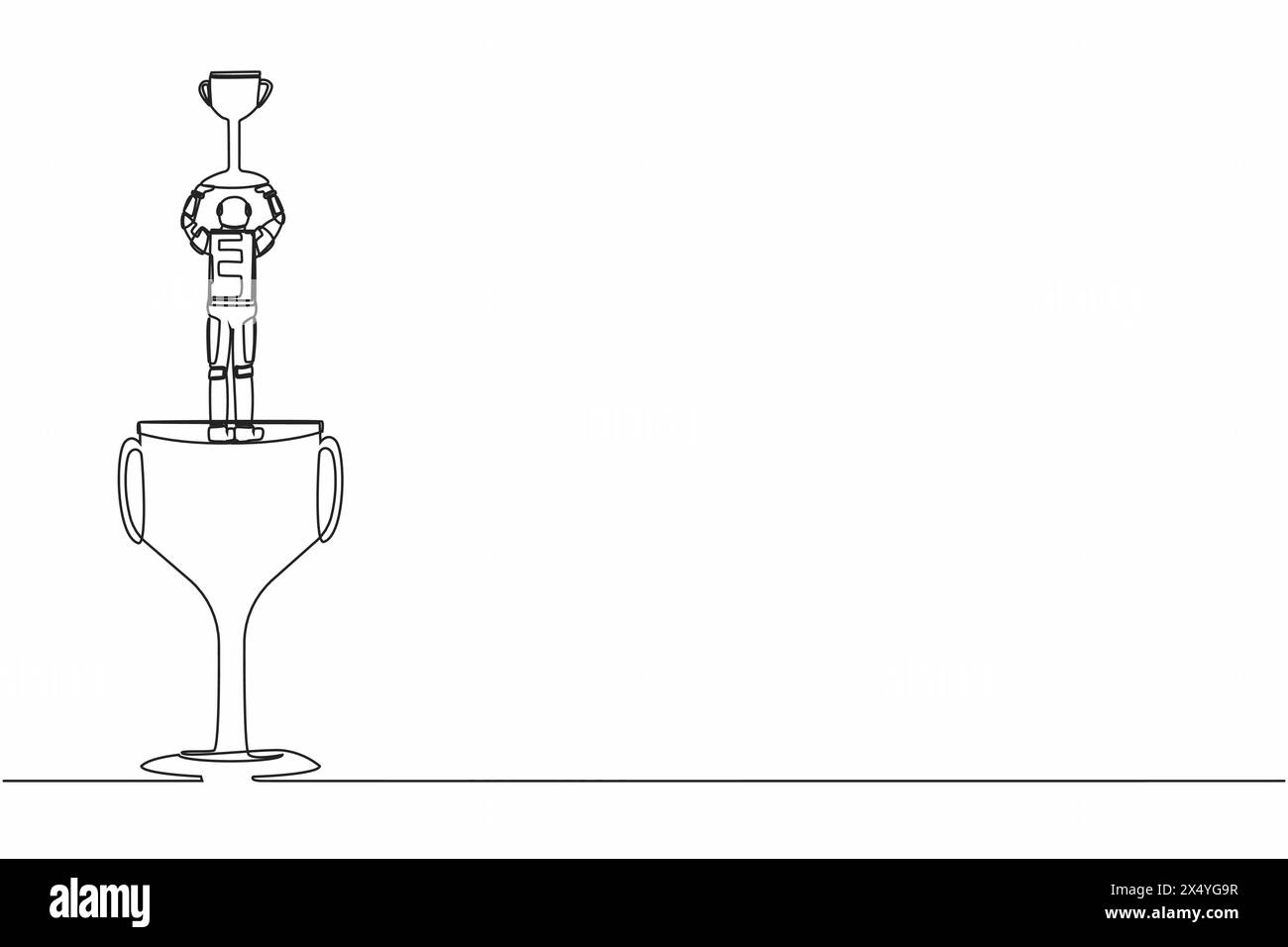 Single one line drawing back view astronaut stand above big trophy and ...