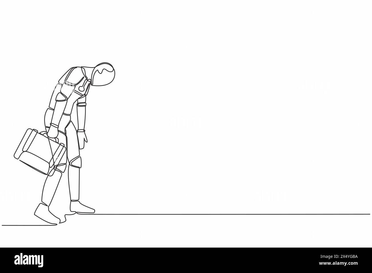 Single one line drawing robot looking down, holding briefcase ...