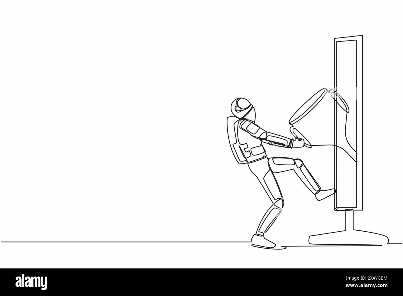 Continuous one line drawing astronaut pulling trophy from monitor ...