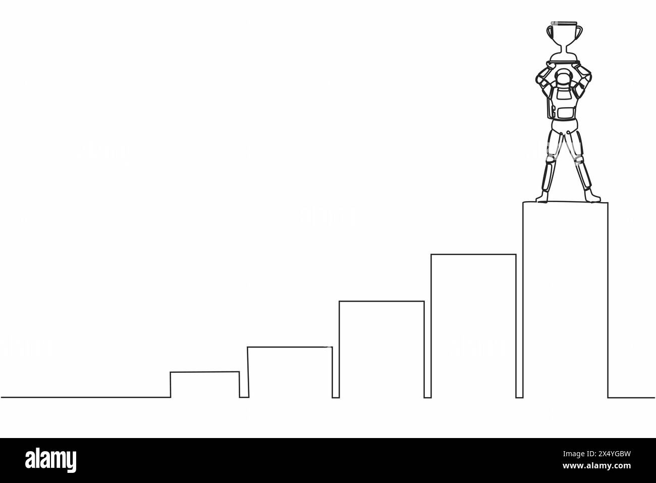 Single continuous line drawing astronaut climb graph staircase to reach ...