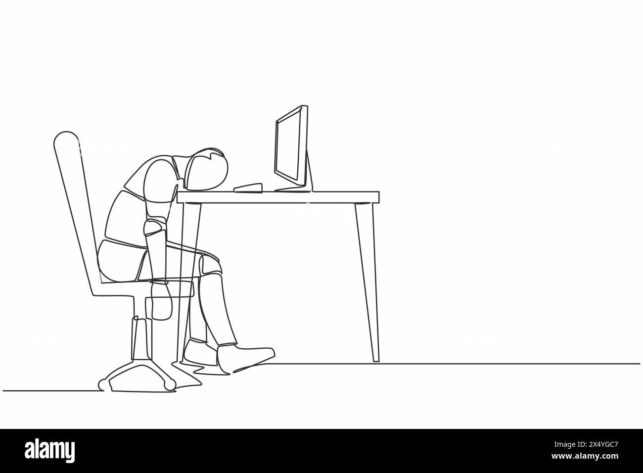 Single one line drawing exhausted sick tired robot sad boring sitting ...