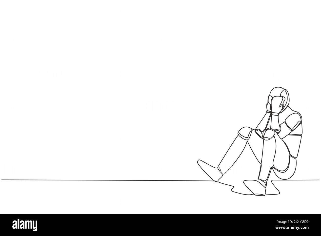 Single continuous line drawing robot cover his face by hands and ...