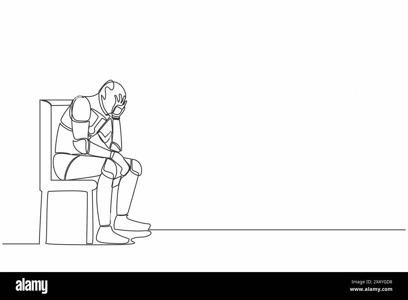 Continuous one line drawing robot hold his head sitting on chair ...