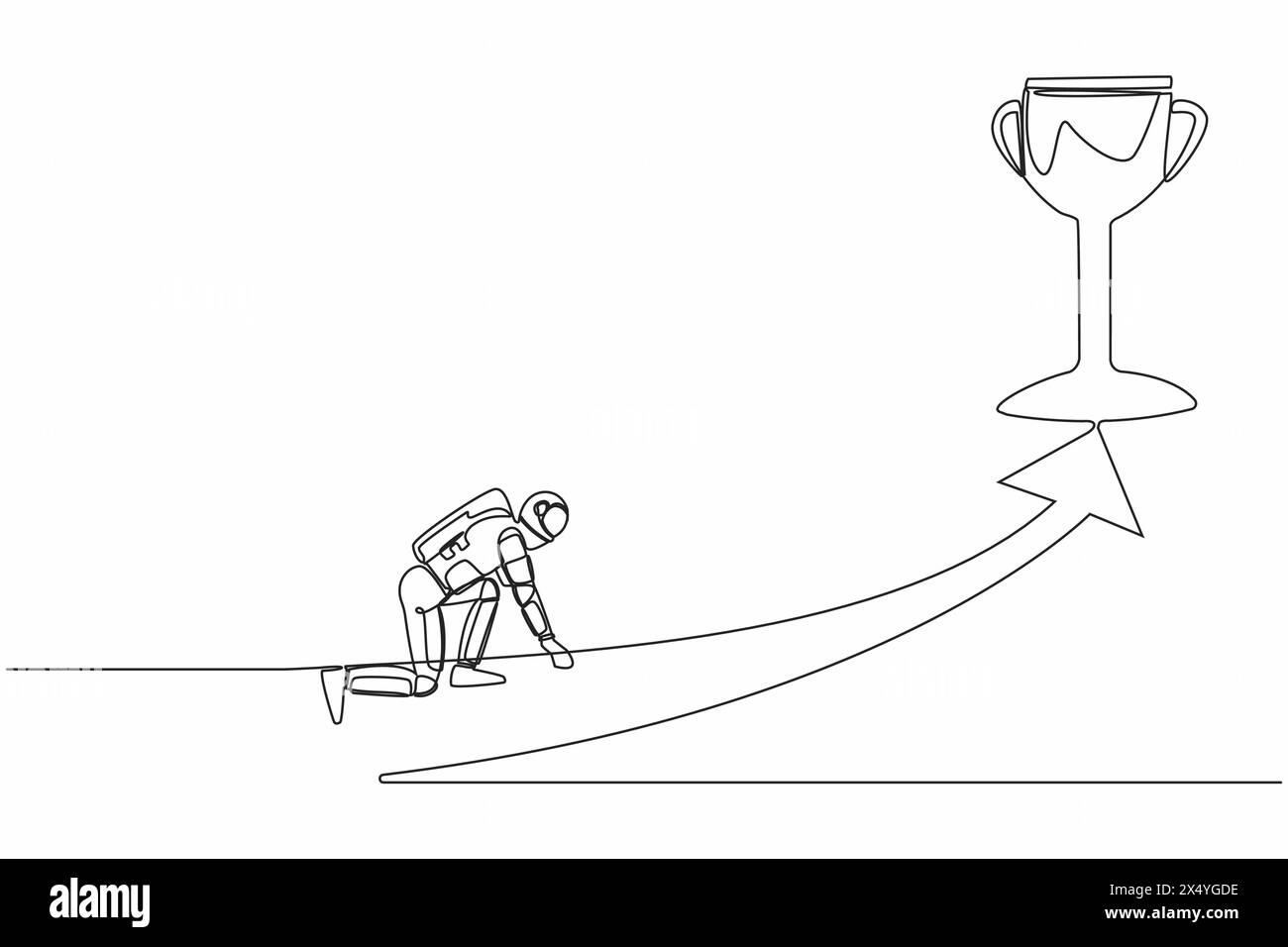 Continuous one line drawing young astronaut get ready to sprint run and ...