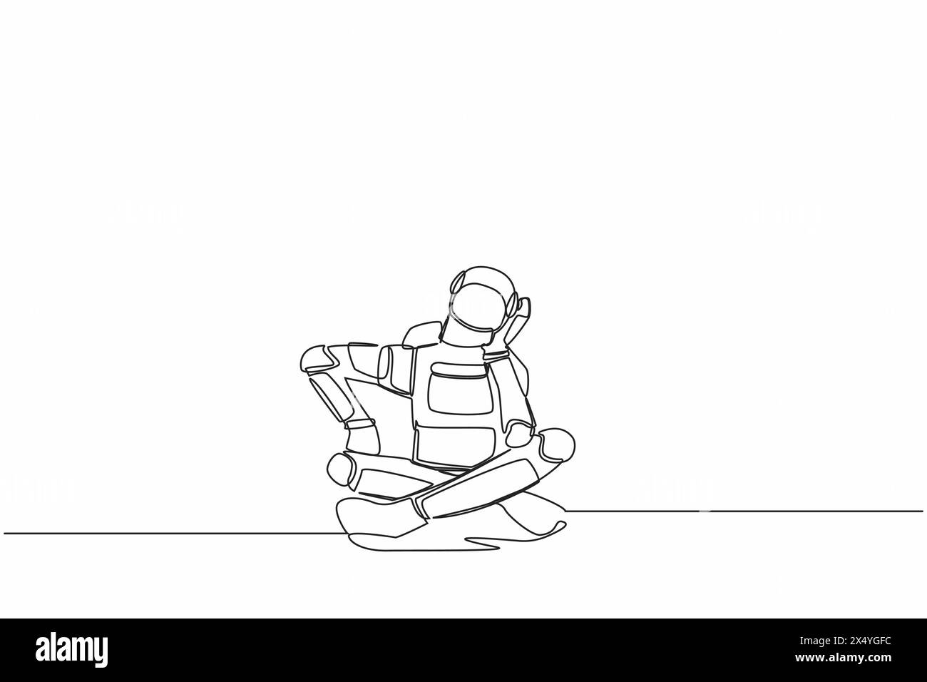 Continuous one line drawing young astronaut sitting with support his ...