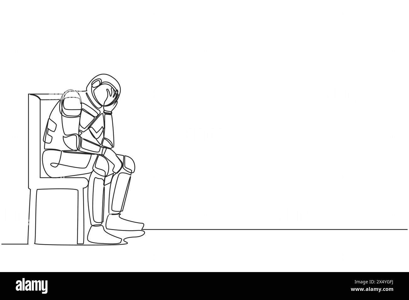 Single continuous line drawing of depressed astronaut hold his head ...