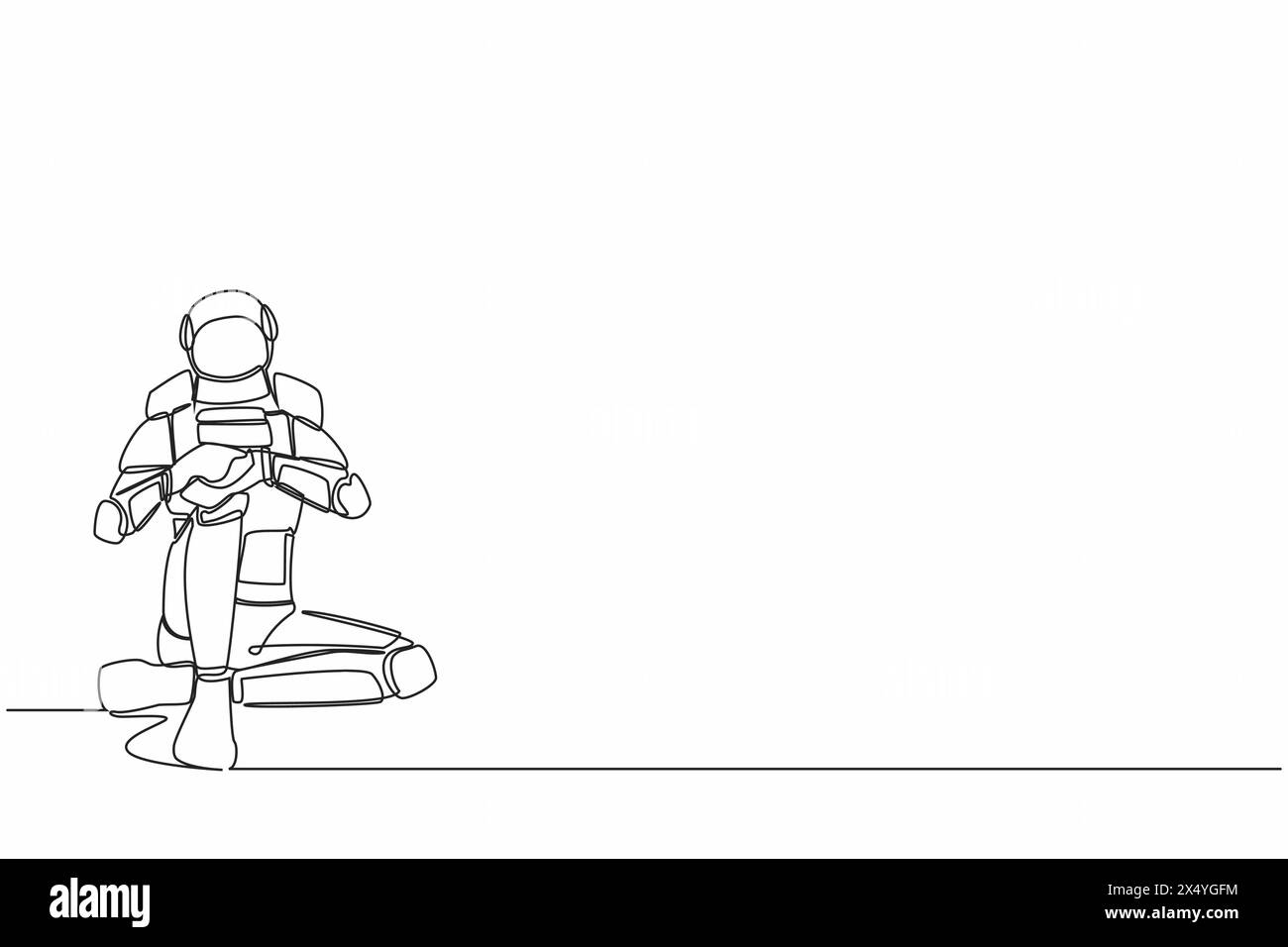 Single one line drawing sad astronaut sitting alone on the floor ...