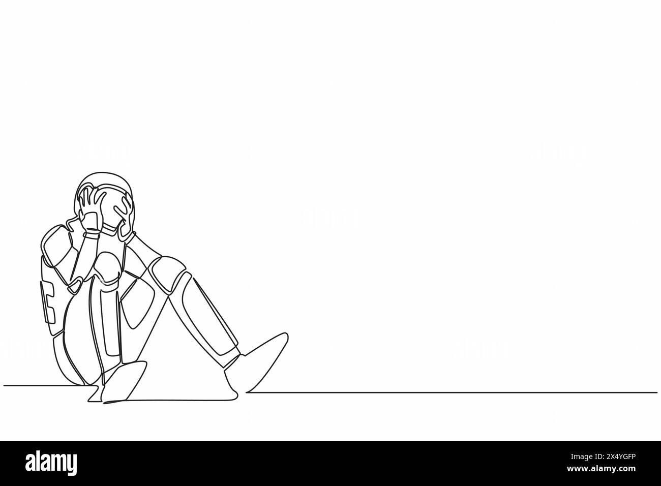 Single continuous line drawing of astronaut sitting on the floor with ...