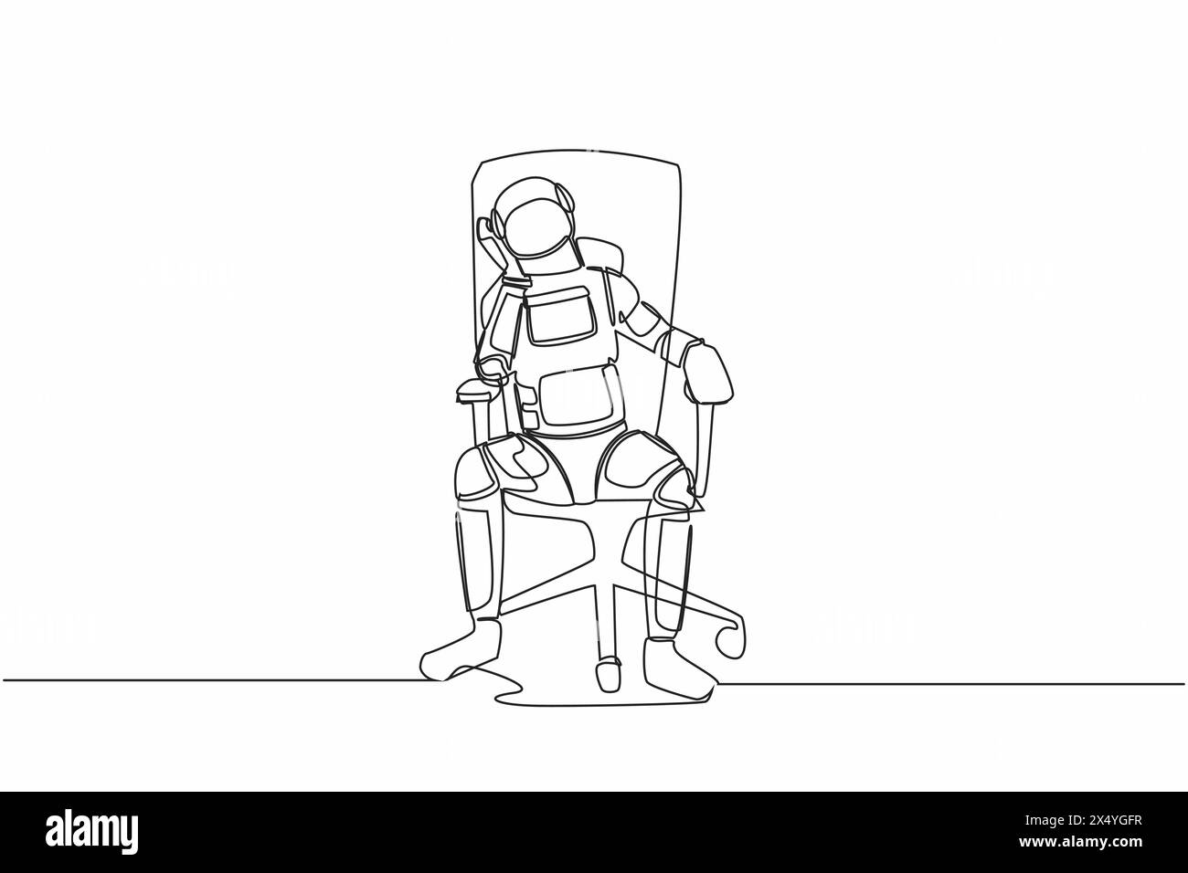 Single continuous line drawing young astronaut sitting at office chair ...
