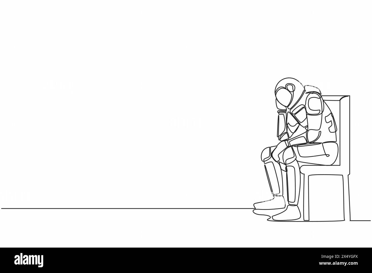 Continuous one line drawing depressed astronaut sitting on chair ...