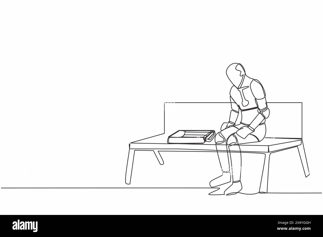 Single continuous line drawing robot sit at bench alone. Suffering from ...