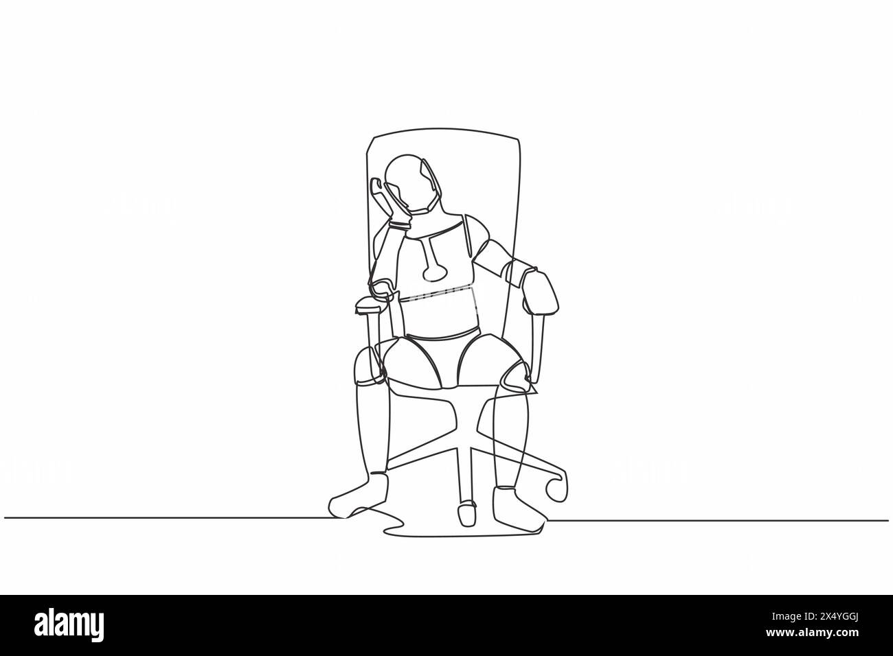 Single one line drawing robot sitting at office chair, feeling stressed ...