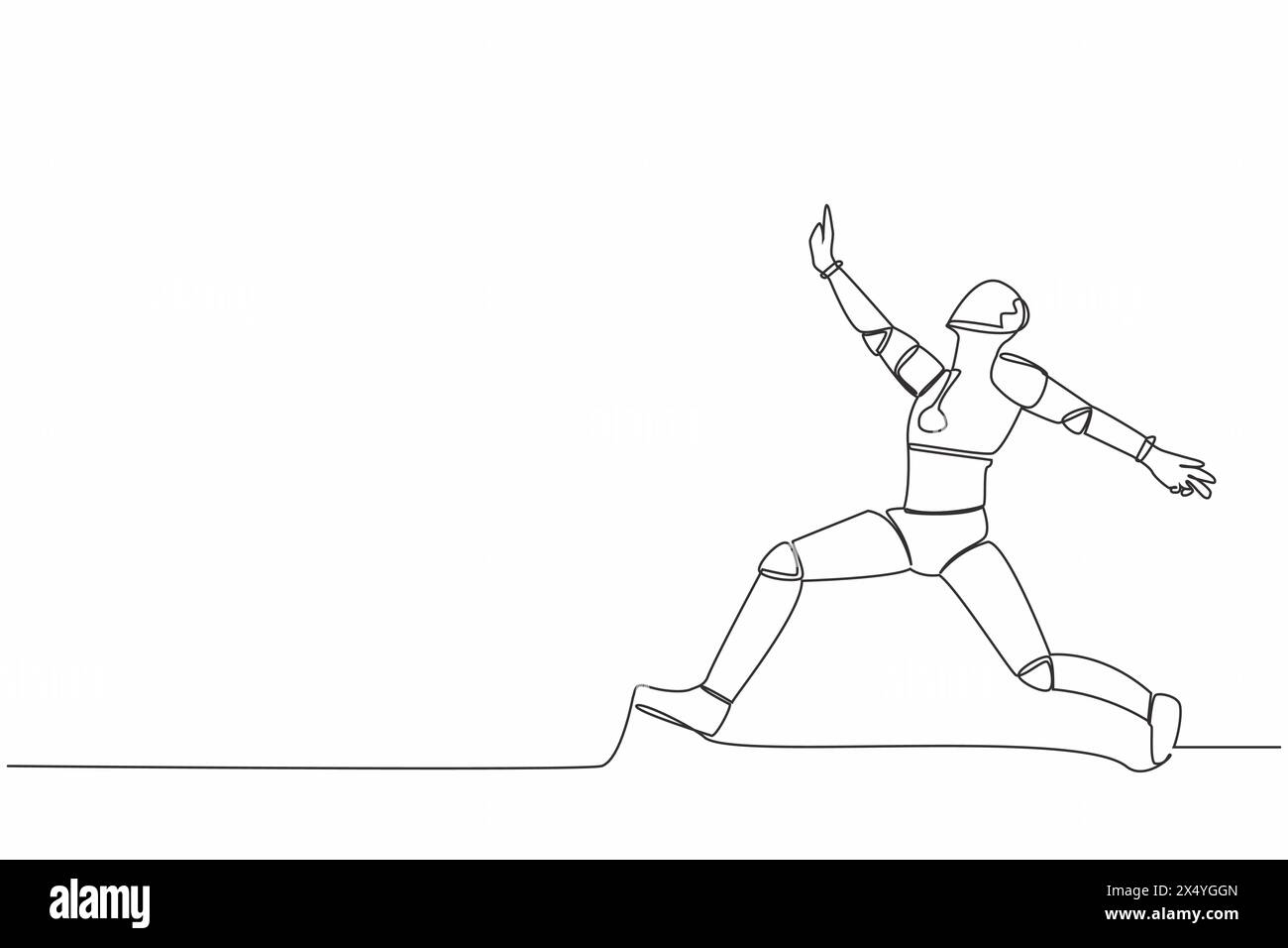 Single one line drawing of happy robot jumping with spreads both legs ...