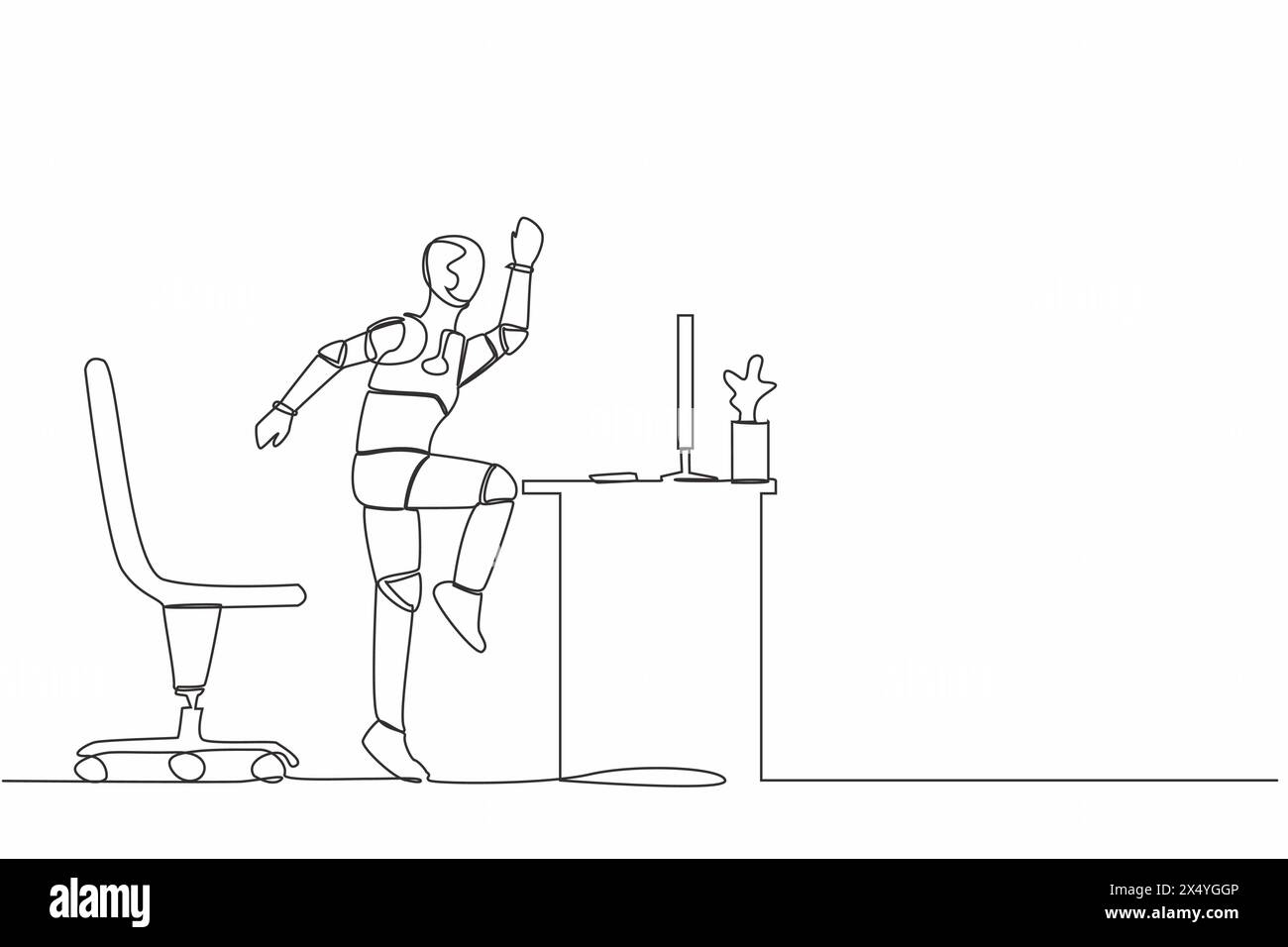 Single continuous line happy robot jumping and dancing on his workplace ...