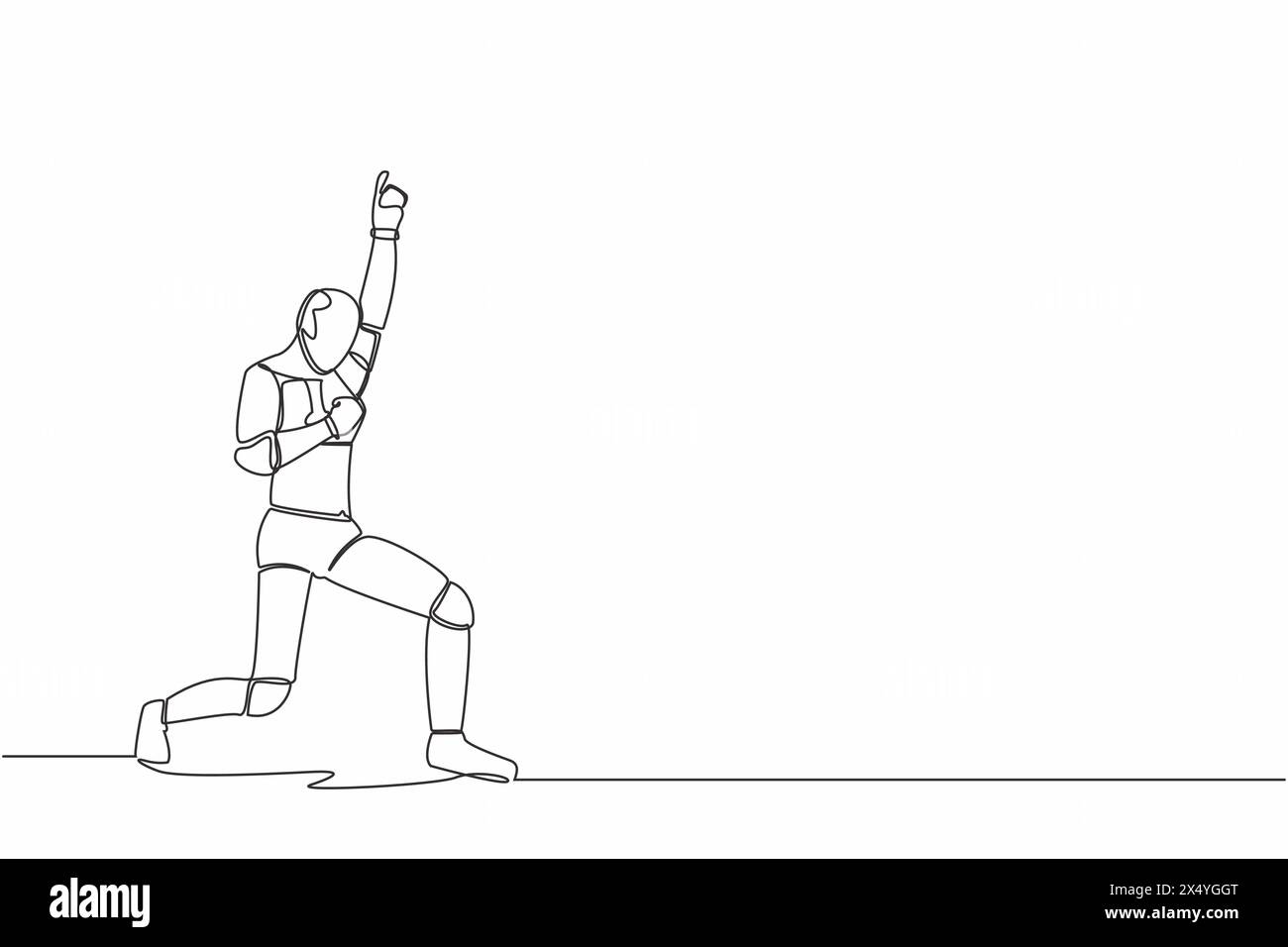 Single continuous line happy robot standing with raise one hand and the ...