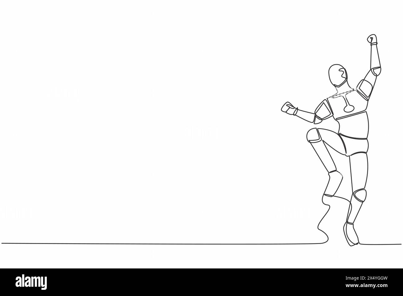 Single one line drawing happy robot jump with folds one leg and raises ...