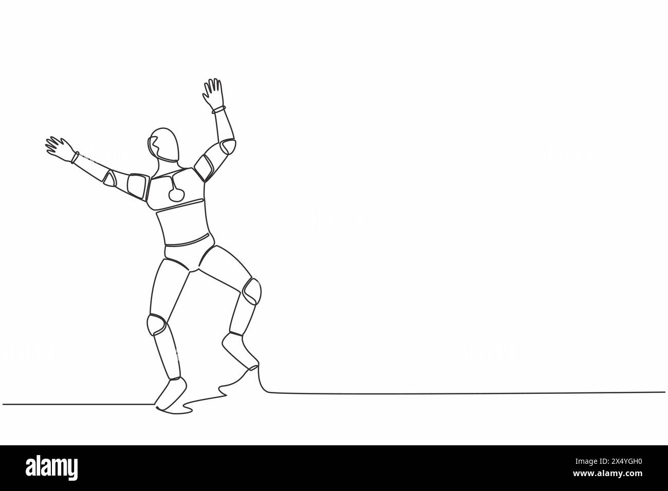 Continuous one line drawing happy robot jump with both hands raised ...