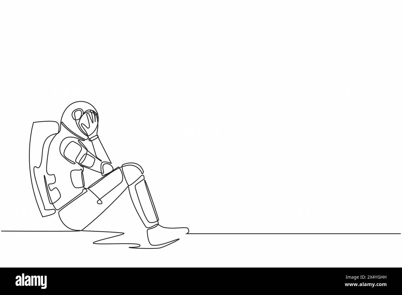 Continuous one line drawing young astronaut sitting on the floor with ...