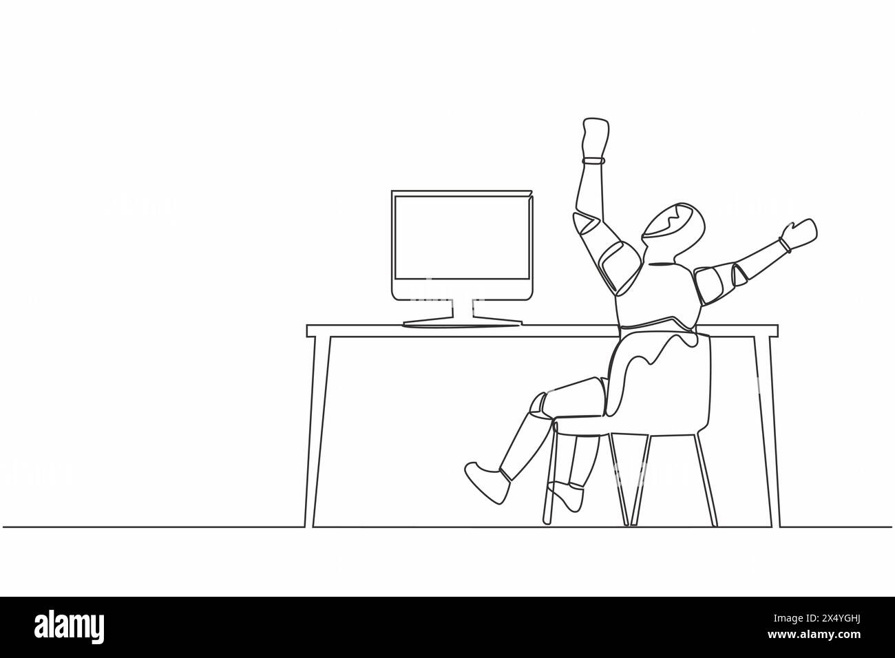 Continuous one line drawing back view of happy robot completed task and ...