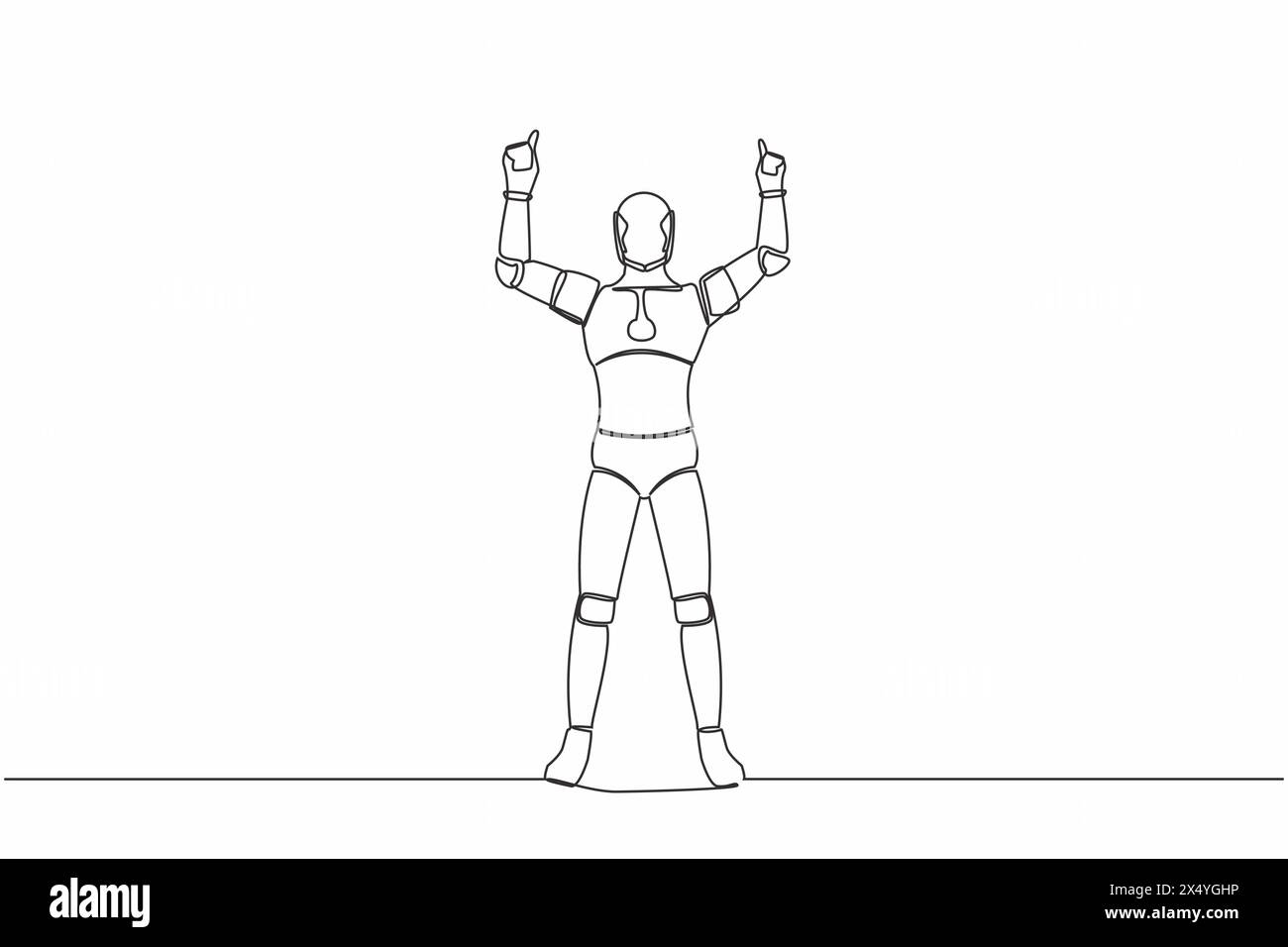 Single continuous line happy robot standing with both hands pointing ...