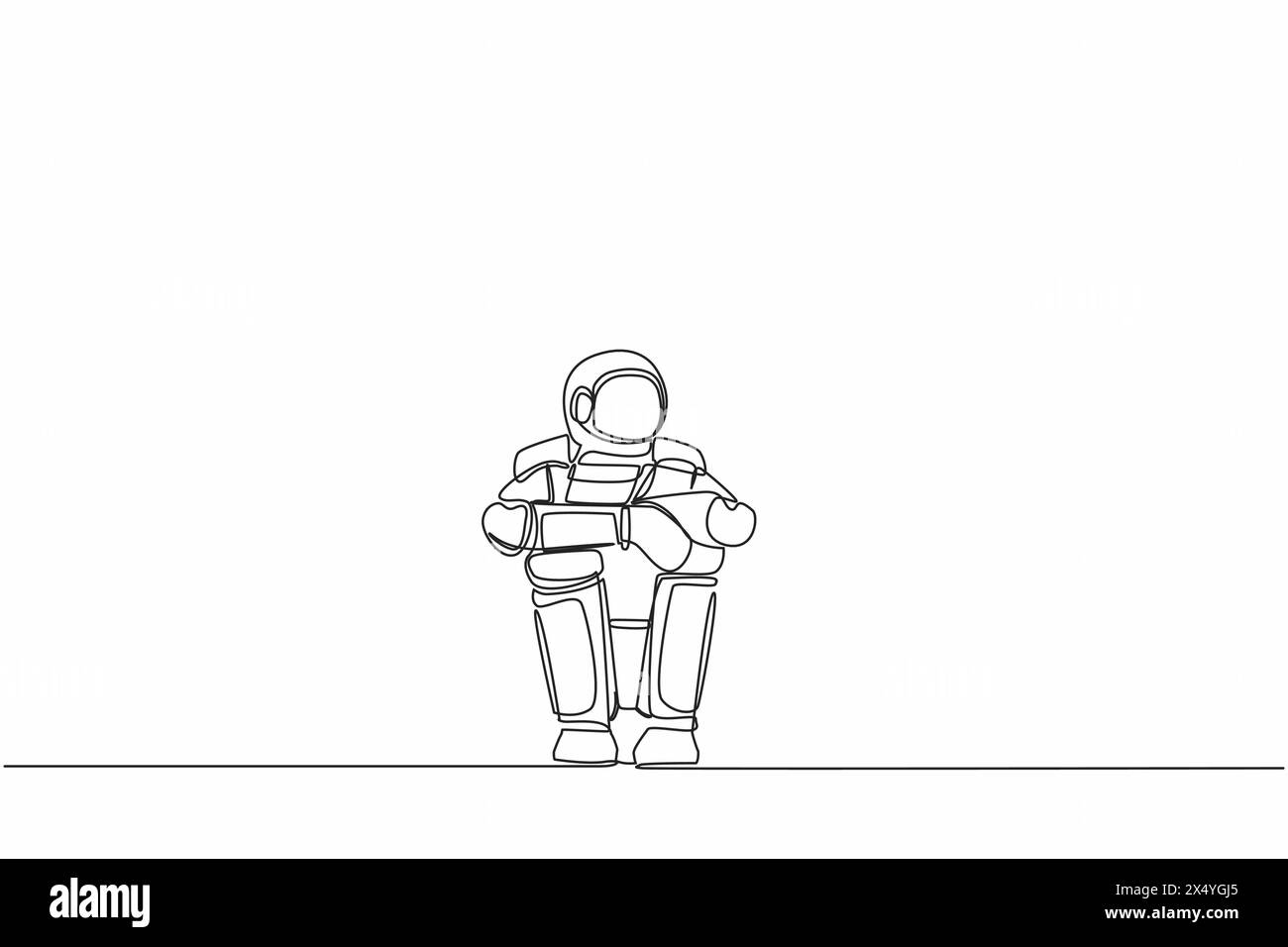 Single one line drawing sad young astronaut suffer emotion sitting in ...