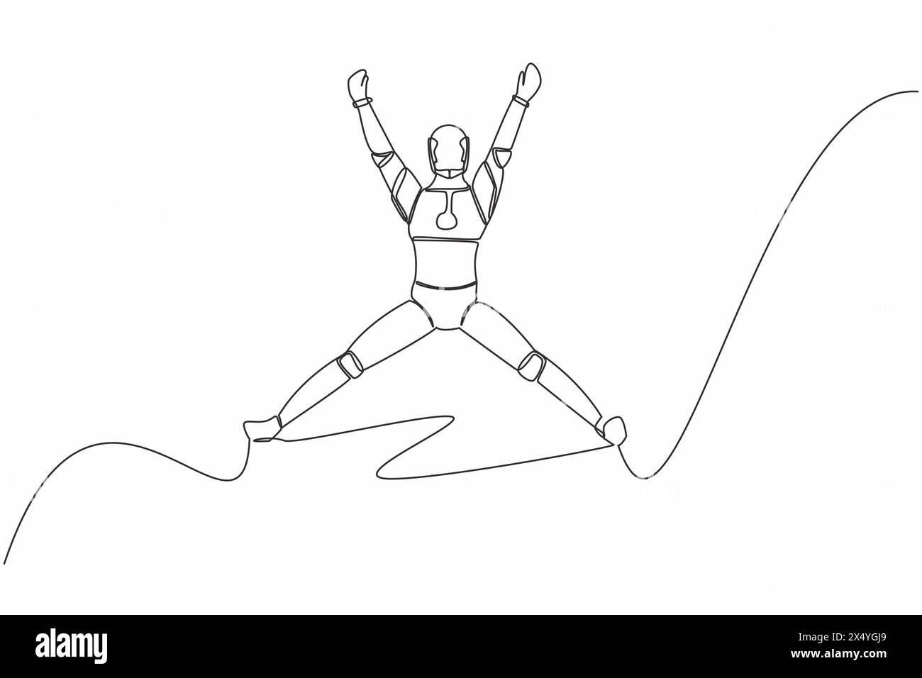 Single one line drawing happy robot jumping with raised his arms and ...