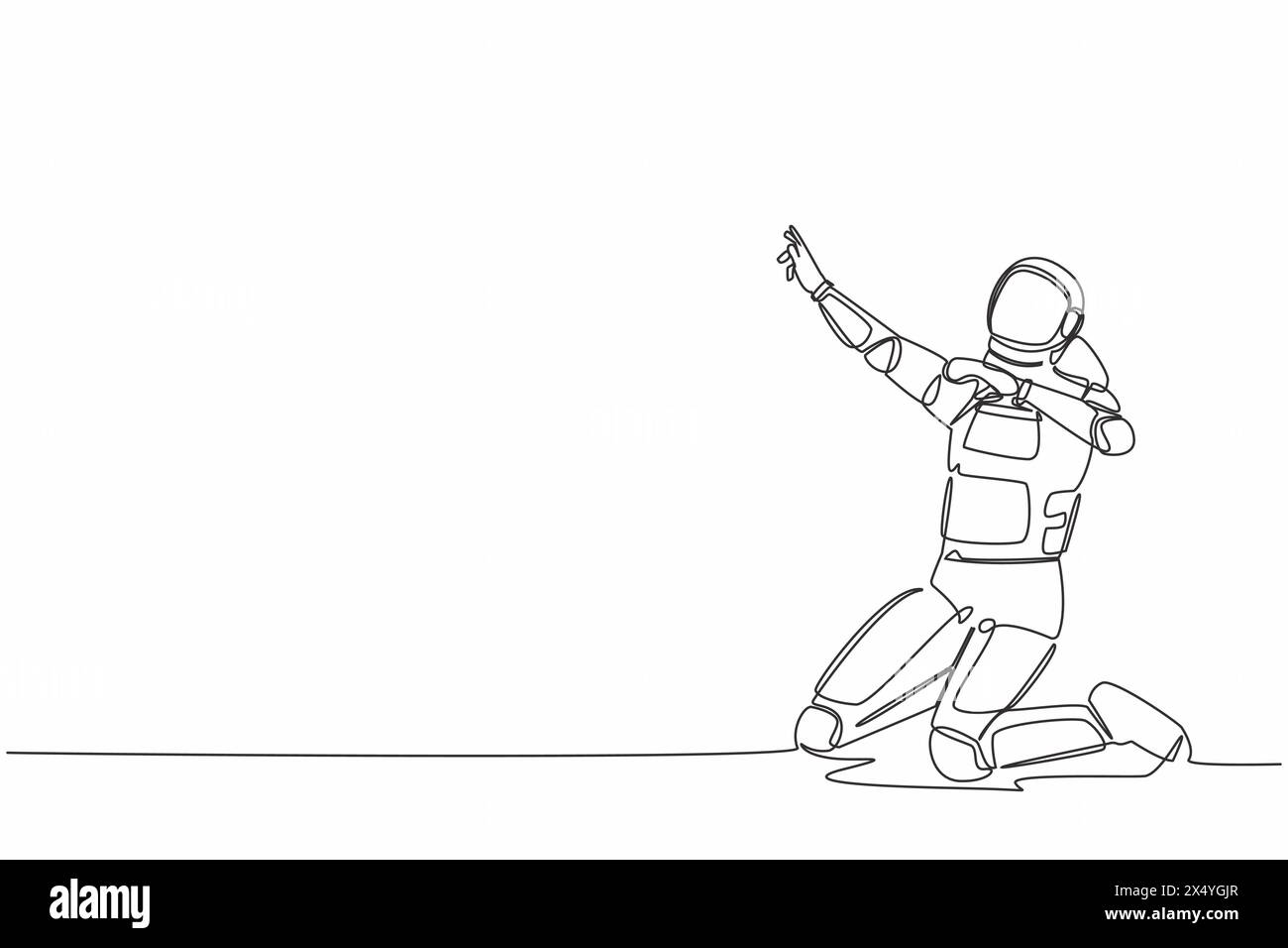 Single one line drawing happy astronaut kneeling with celebrating goal ...
