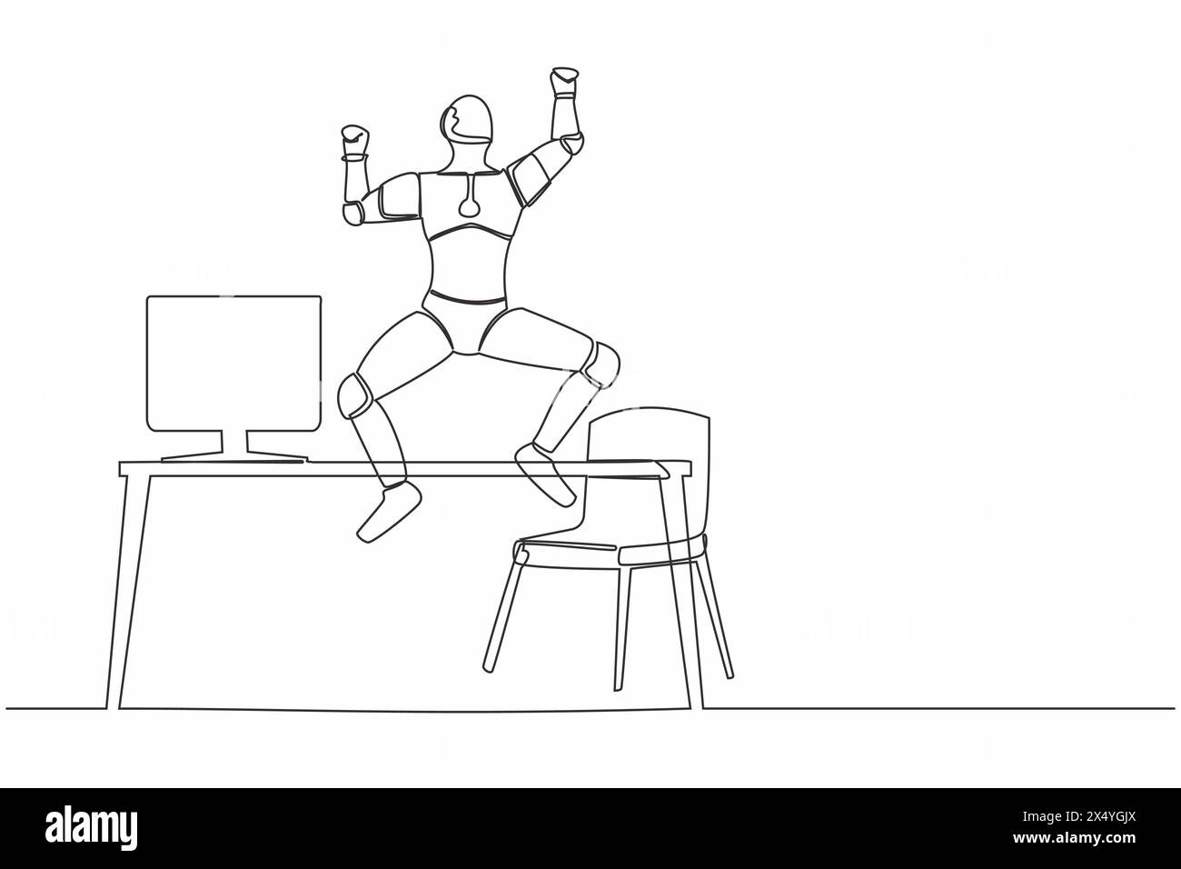 Single continuous line happy robot jumping with raised hands near desk ...