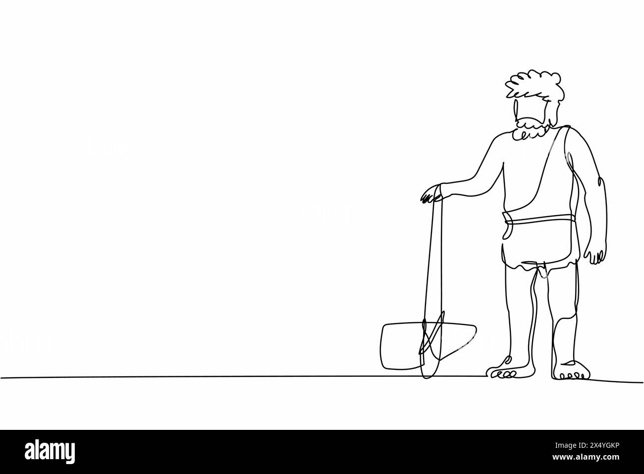 Single one line drawing caveman standing and holding stone axe ...
