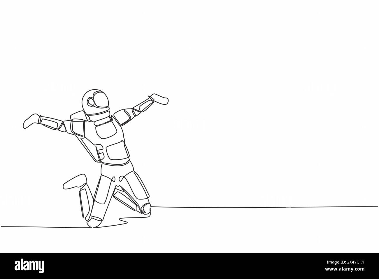 Single continuous line drawing of happy astronaut jumping with raised ...