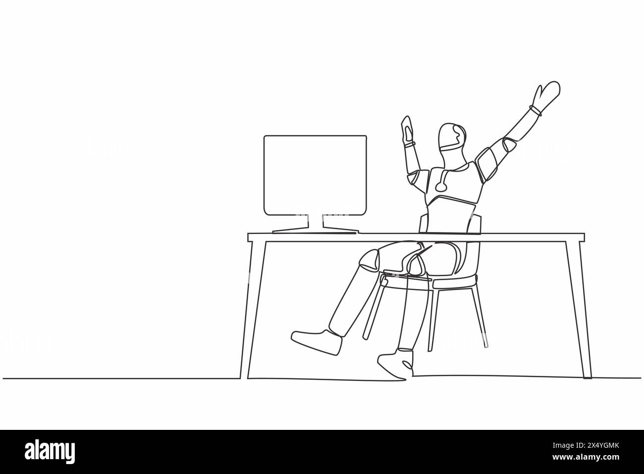 Single one line drawing happy robot sitting with raised hands near desk ...