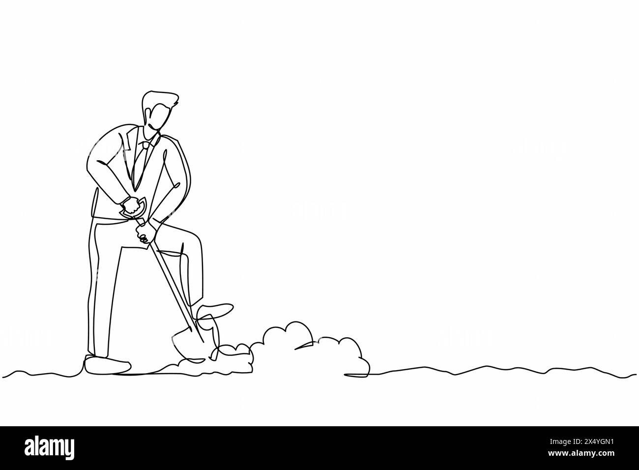 Single one line drawing positive businessman digging in dirt using ...